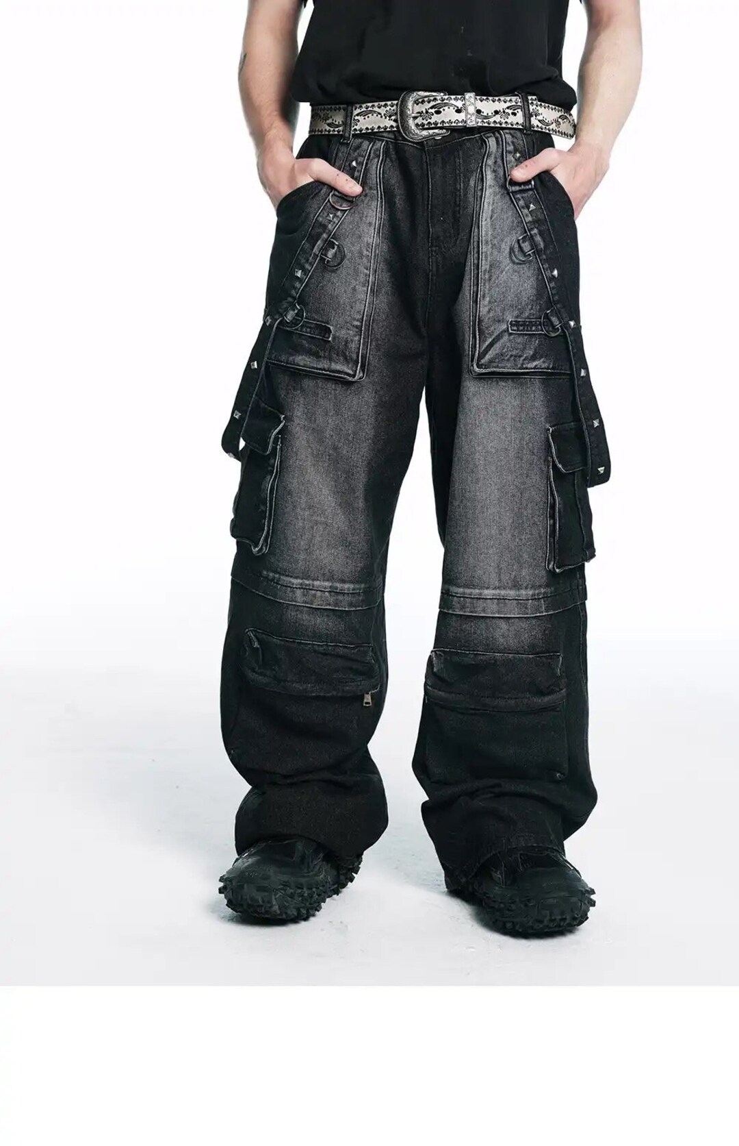 Vintage American Washed Black Cargo Jeans Men's Loose Fit Wide Leg ...