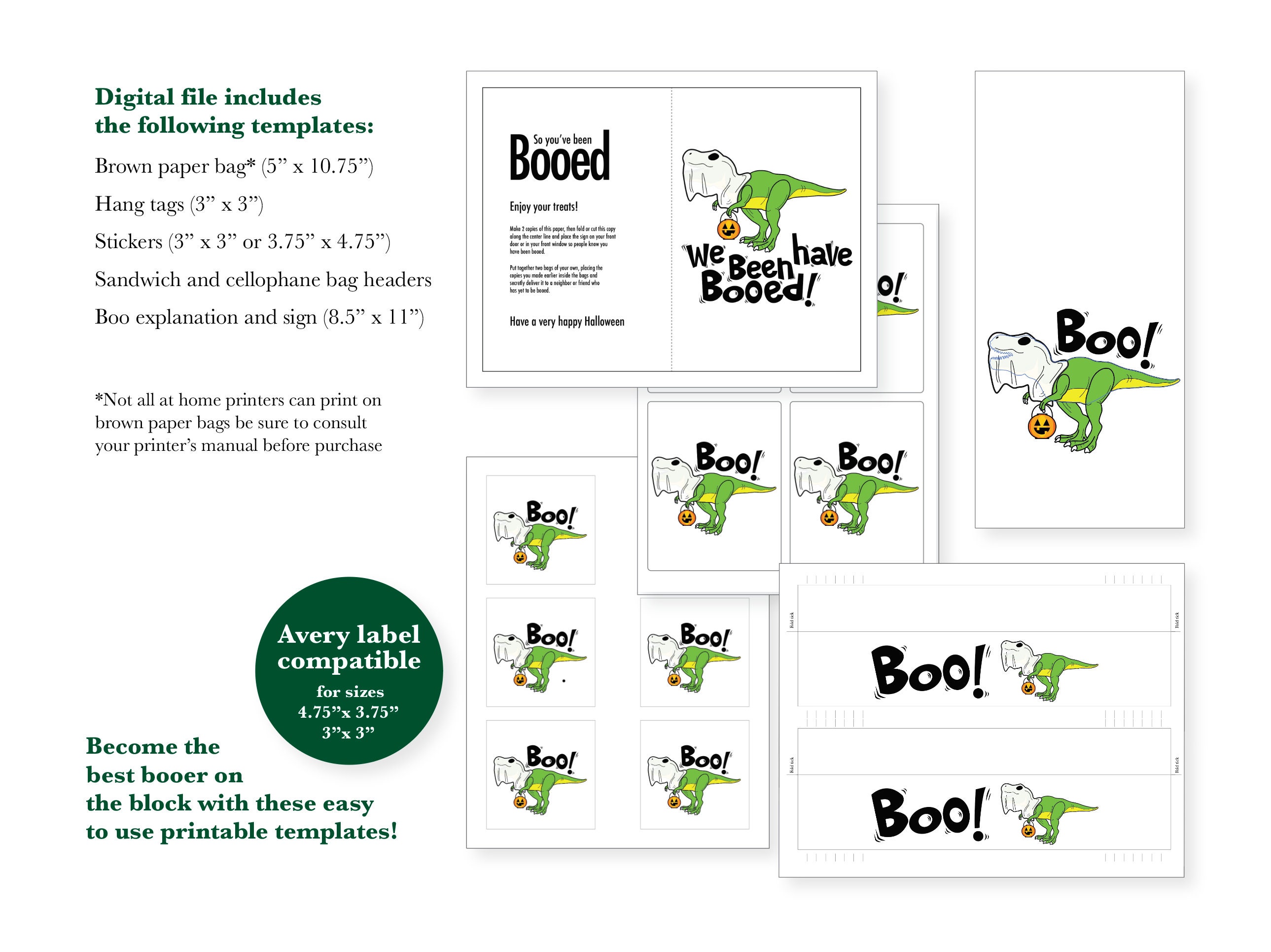 PRINTABLE Boo Bag Digital Files | Cute Dinosaur Printables for ...