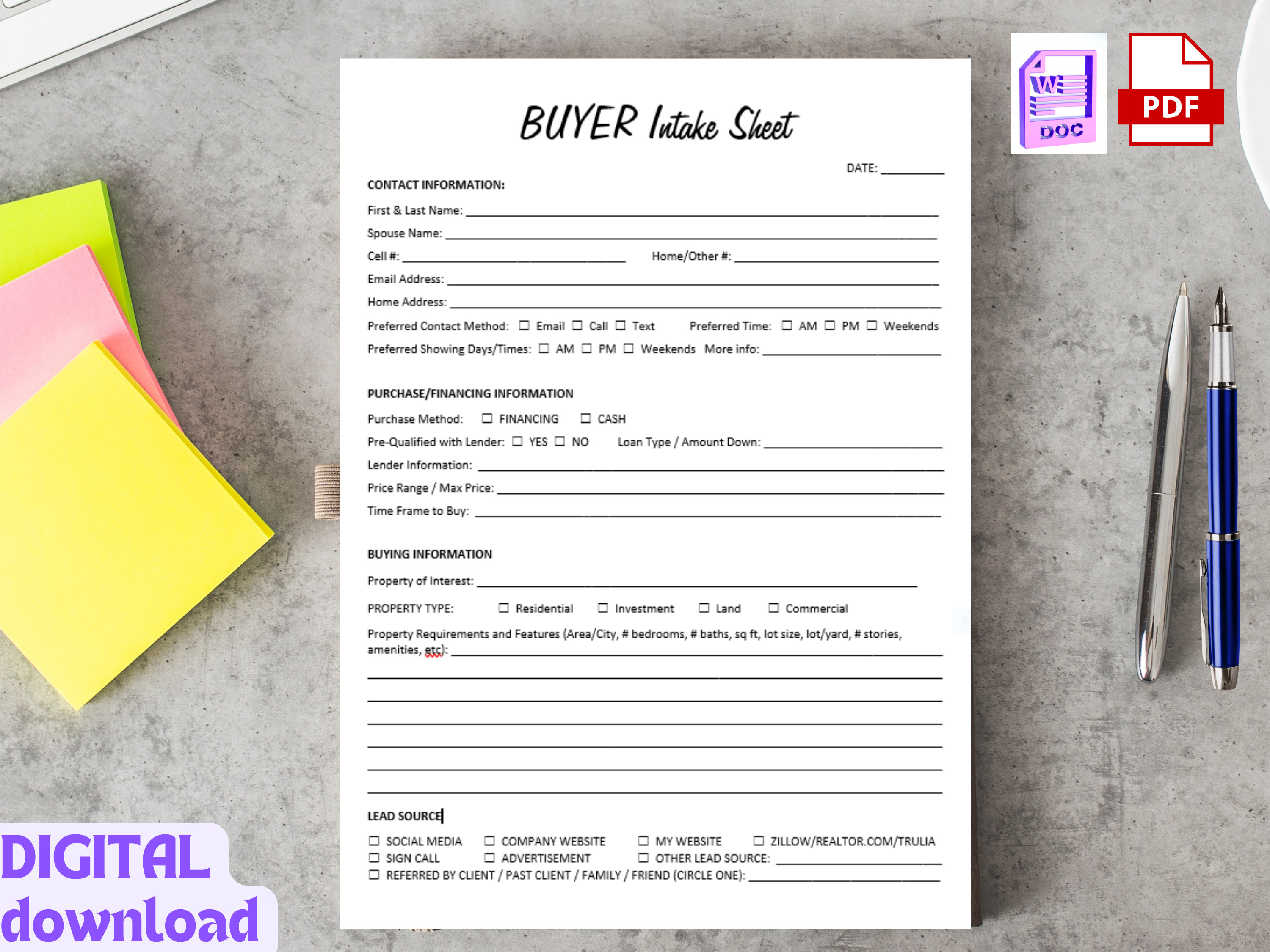 Buyer Intake Sheet, Buyer Questionnaire, Lead Form, Lead Sheet, Real ...