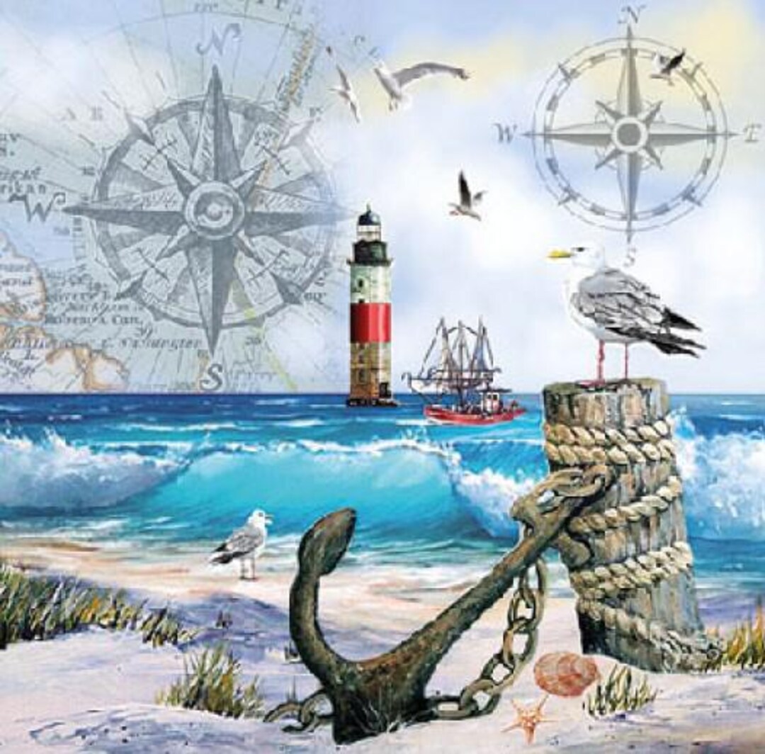 Decoupage Napkins, Lighthouse Anchor Beach Napkins, Set of 2 Cocktail ...