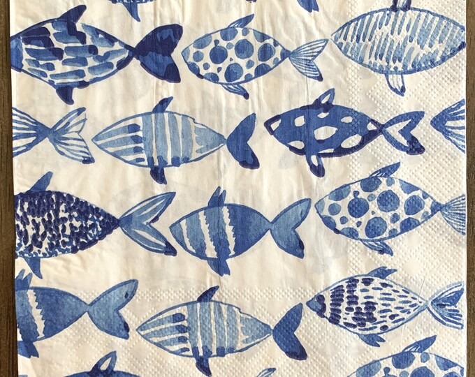Decoupage Napkins, Blue Swimming Fish Ocean Theme Napkins, Set of 2 ...