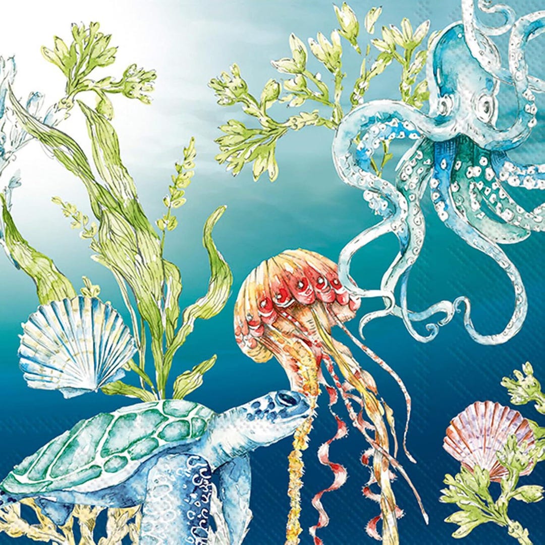 Decoupage Napkins, Deep Blue Sea Octopus Napkins, Set of 2 Cocktail ...