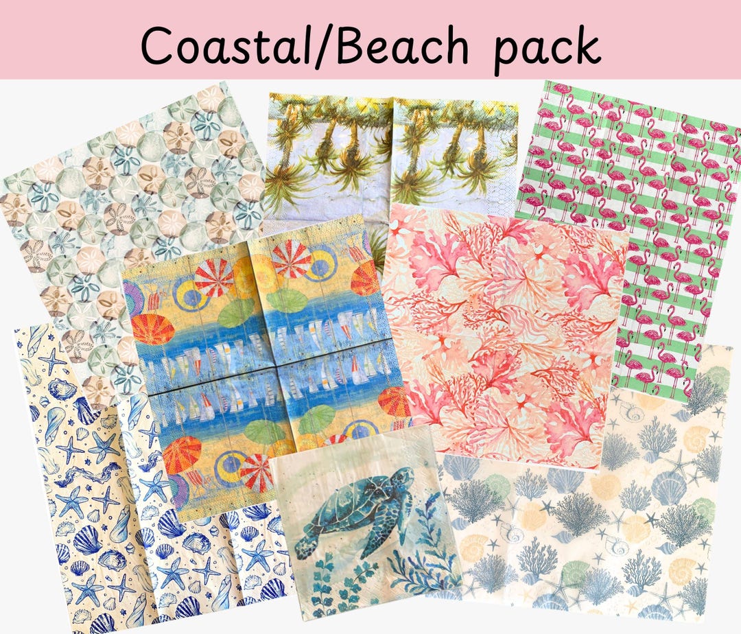 Set of 8 Coastal Decoupage Napkin Pack, Paper Craft Napkins, Beach ...