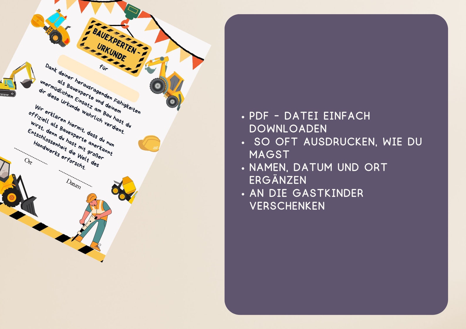 Personalized Construction Expert Certificate for Children's Birthdays ...
