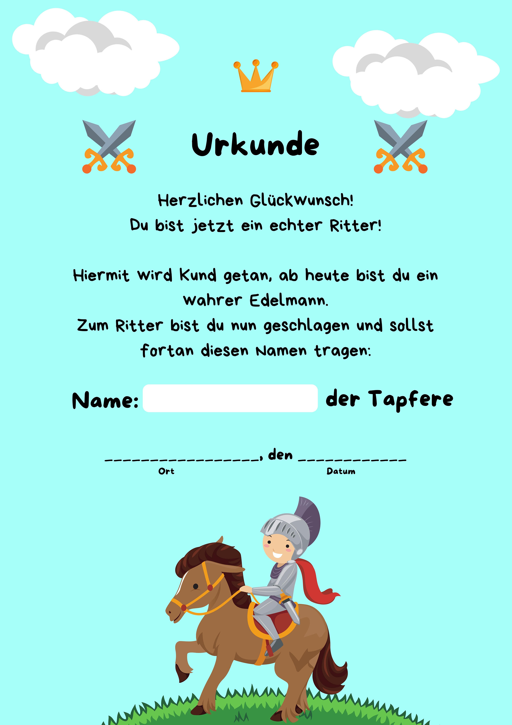 Urkunde Ritter | Schatzsuche | Ritter Urkunde A4 | Urkunden ausdrucken ...