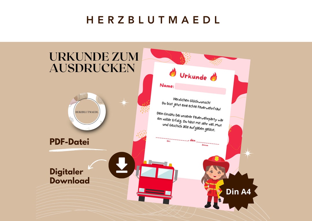 Personalized Fire Brigade Certificate for Girls Fire Brigade Party in ...