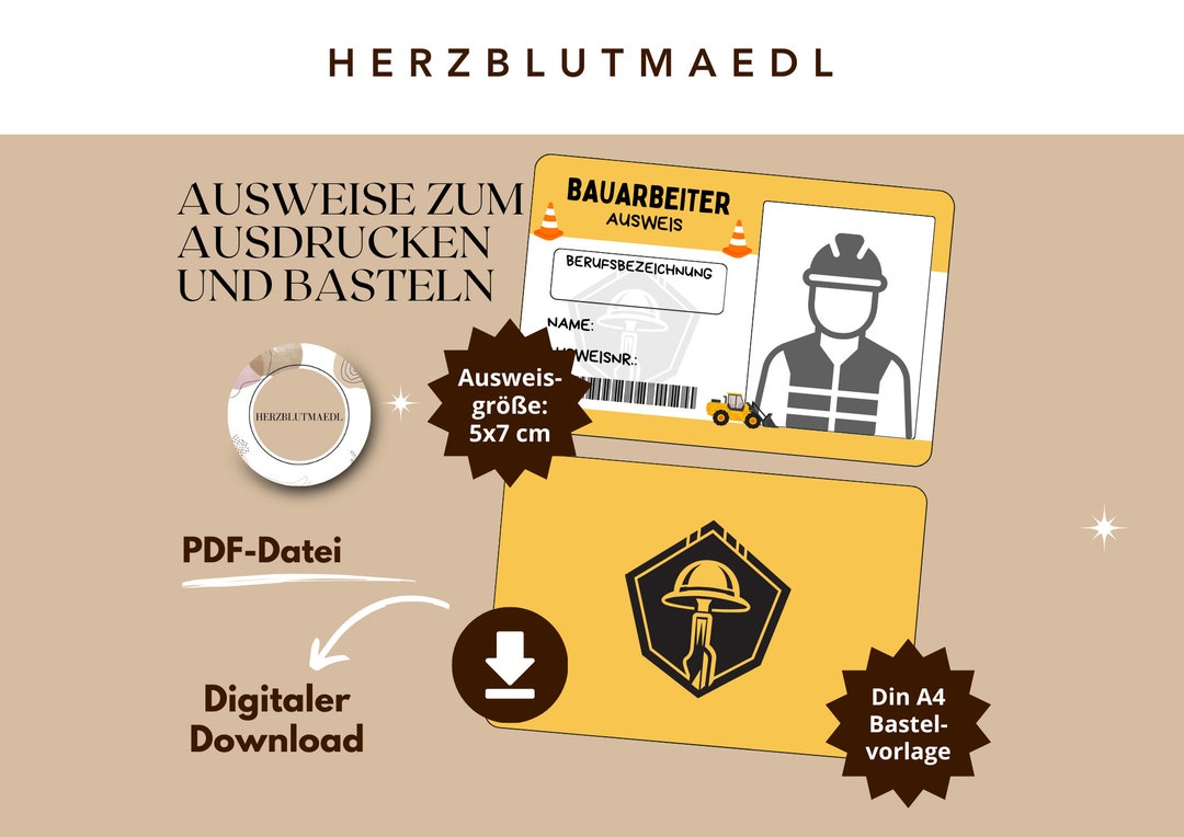 Children's Construction Worker ID Card for a Children's Birthday Party ...