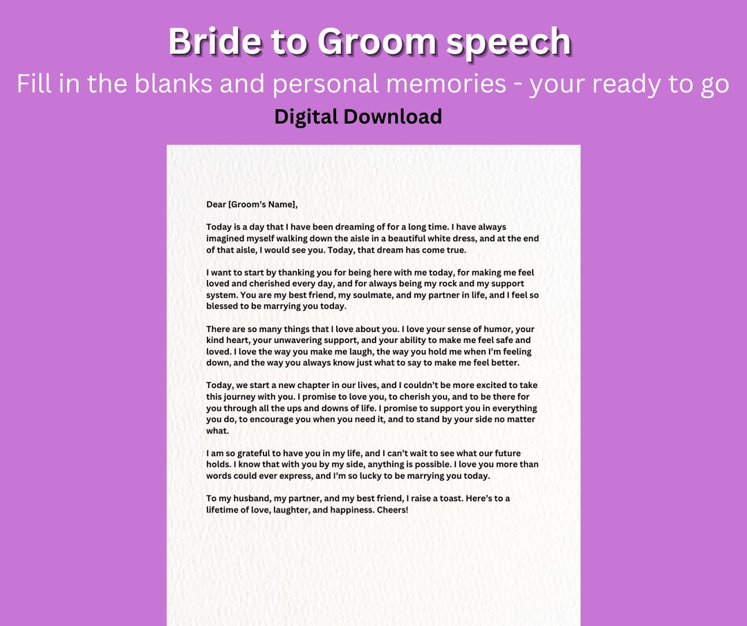 Bride to Groom- Speech- Digital Download- Wedding/ Best Man / Maid of ...