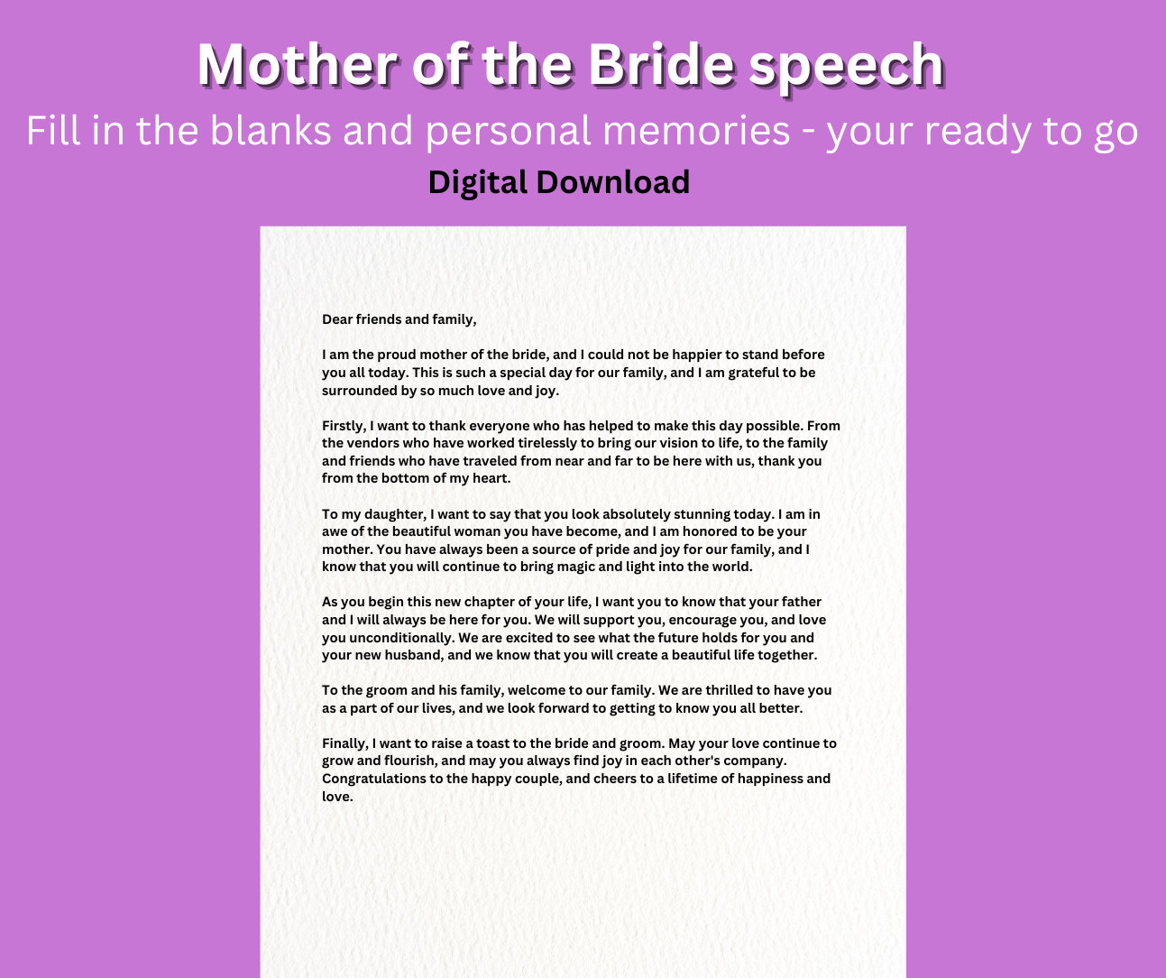 Mother of the Bride - Speech- Digital Download- Wedding/ Best Man ...