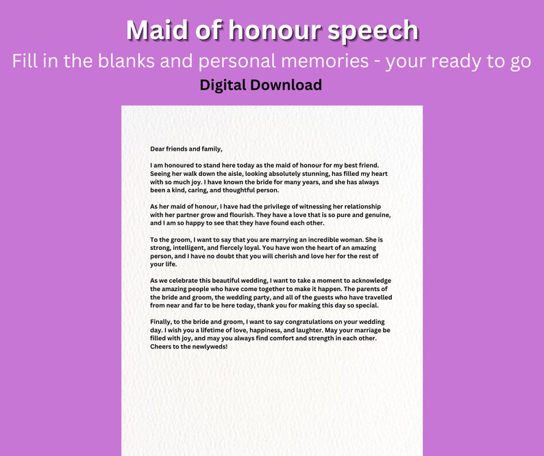 Maid of Honour - Speech-digital Download- Wedding/ Best Man / Maid of ...