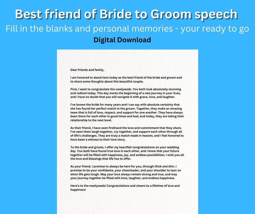 Best Friend of Bride to Groom Speech- Digital Download- Wedding ...