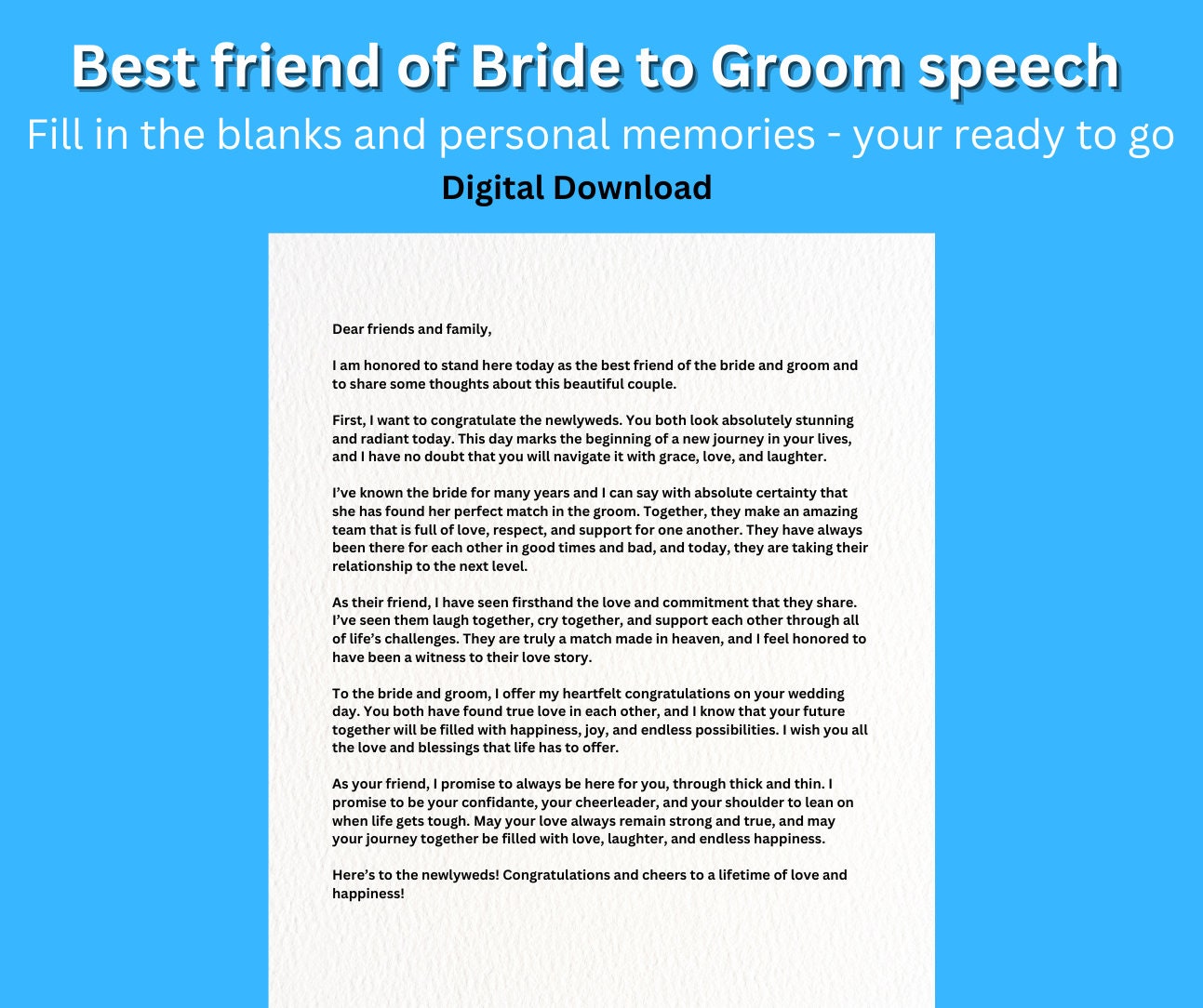 Best Friend of Bride to Groom Speech Digital Download Wedding ...