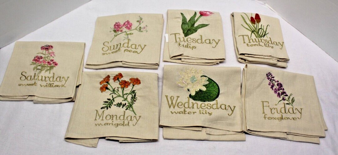 7 Vintage Days of the Week Hand Towels, Machine Embroidered With ...
