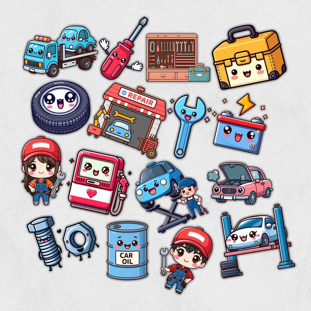 Kawaii Car Mechanic Clipart Set | Cute Auto Repair Stickers | Garage ...