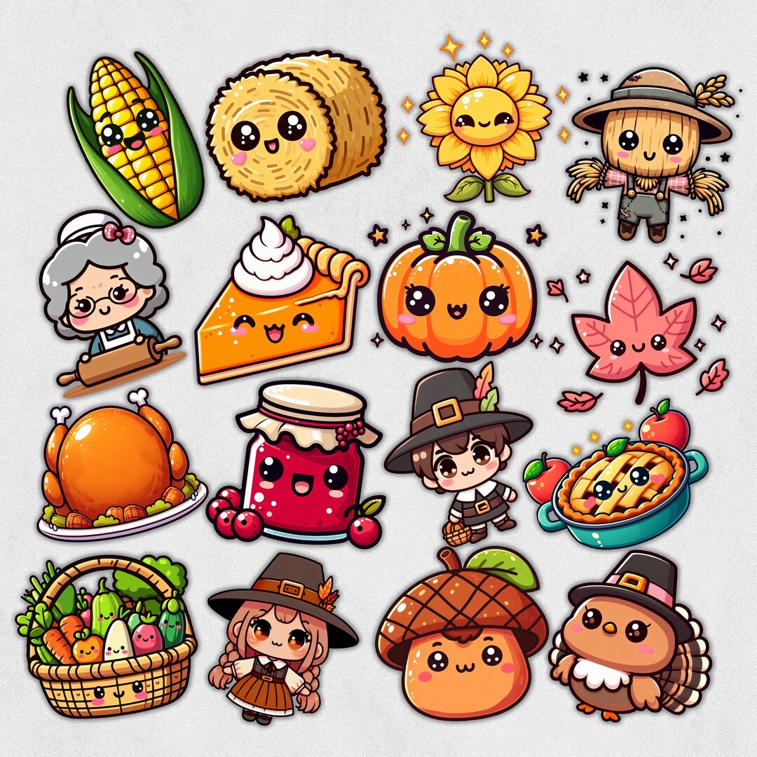 Thanksgiving Kawaii Clipart Set | Cute Fall Harvest Stickers Pumpkin ...