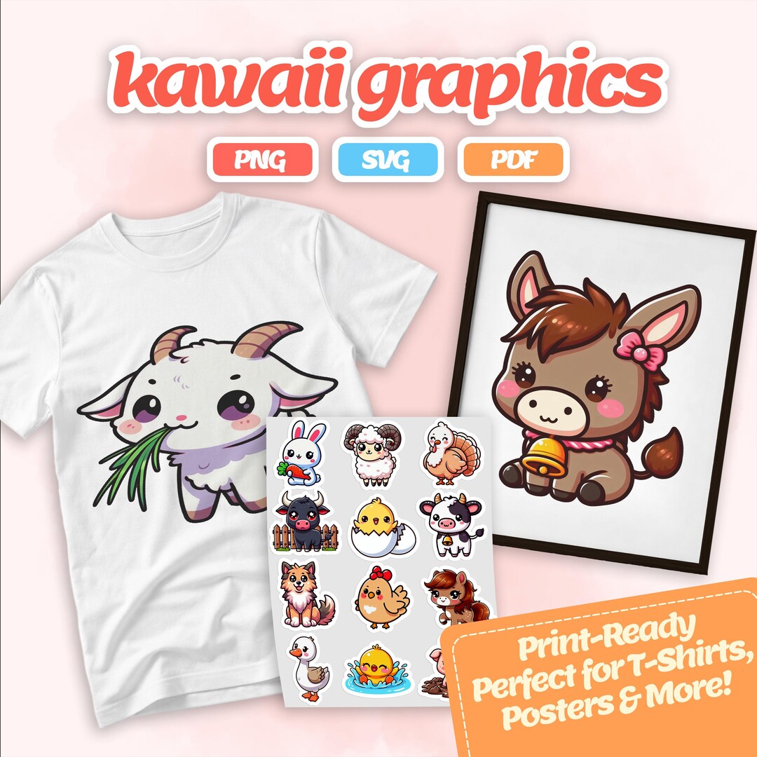 Kawaii Farm Animals Clipart Set - Chibi Cow, Pig, Chicken, Sheep and ...