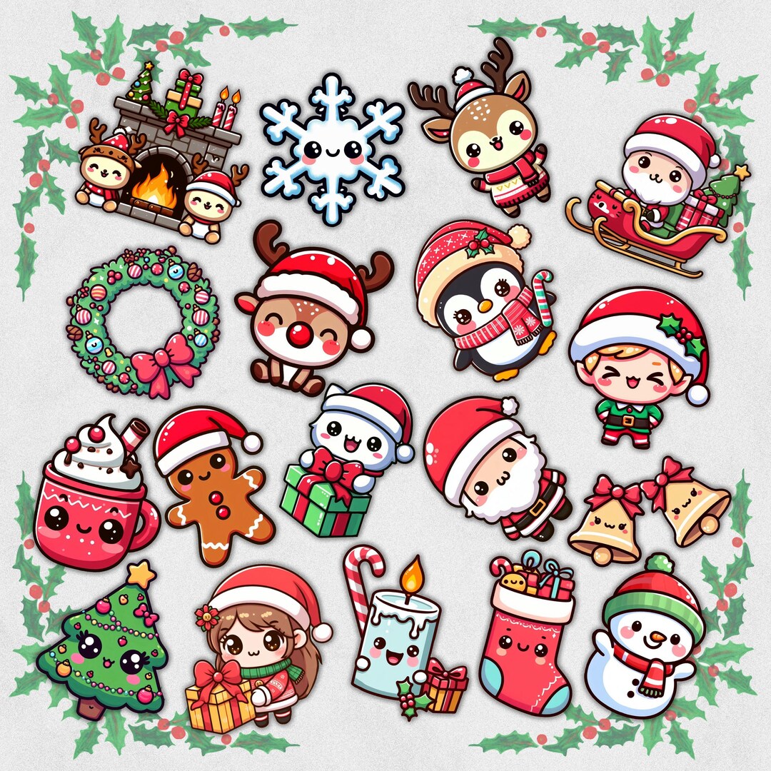 Christmas Kawaii Clipart Set | Cute Holiday Stickers Santa Reindeer ...