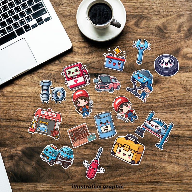 Kawaii Car Mechanic Clipart Set - Cute Auto Repair Stickers, Garage ...