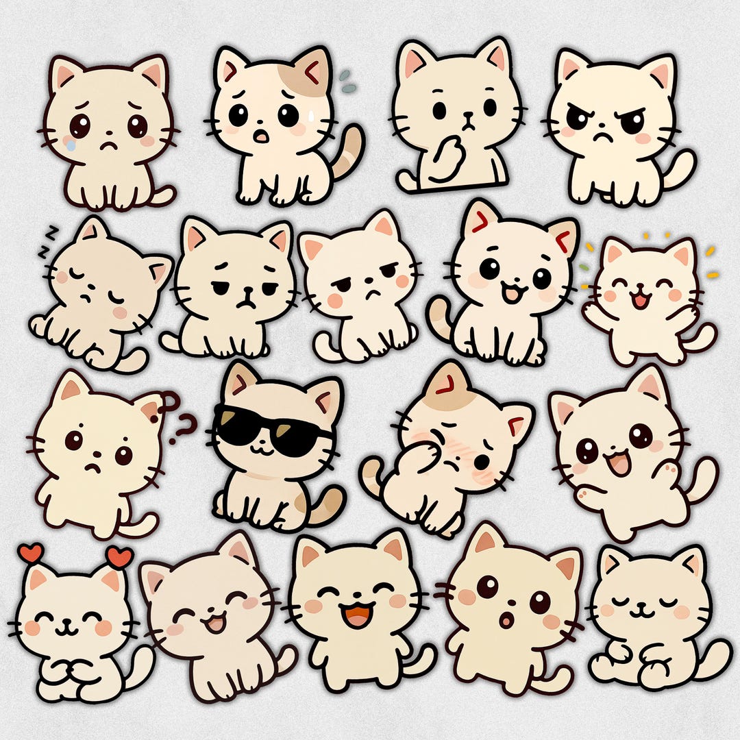 Cute Cat Emotions Clipart | Kawaii Kitten Stickers | Digital Download ...