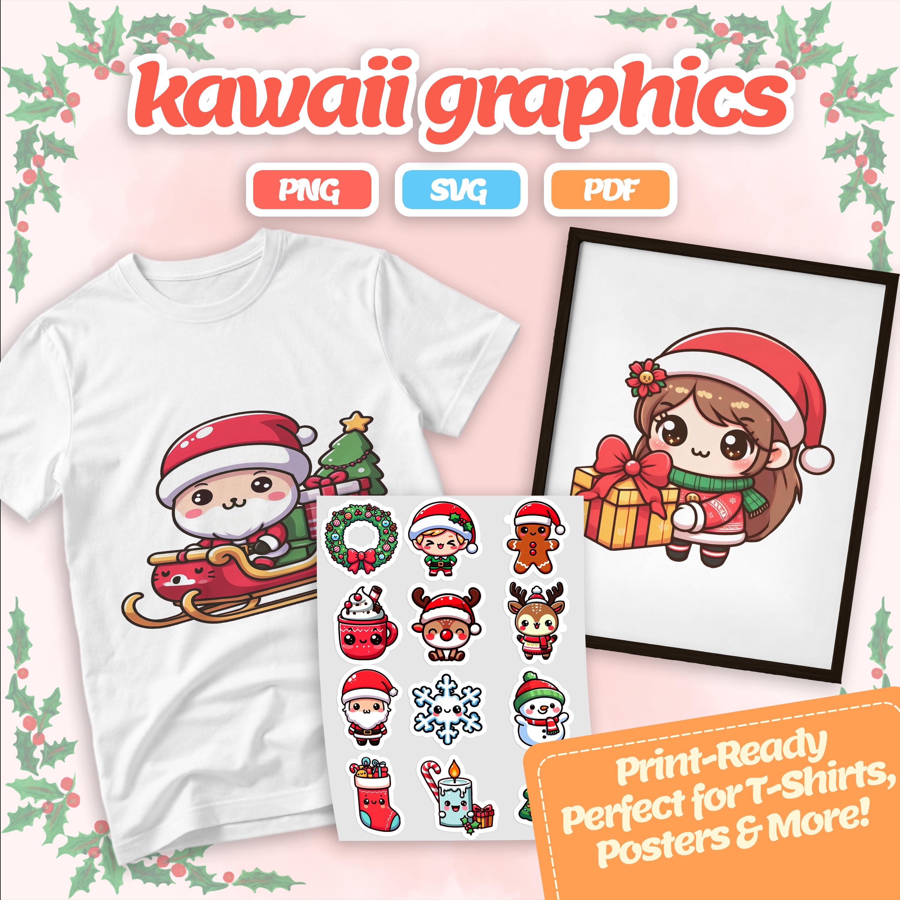 Christmas Kawaii Clipart Set - Cute Holiday Stickers Santa Reindeer ...