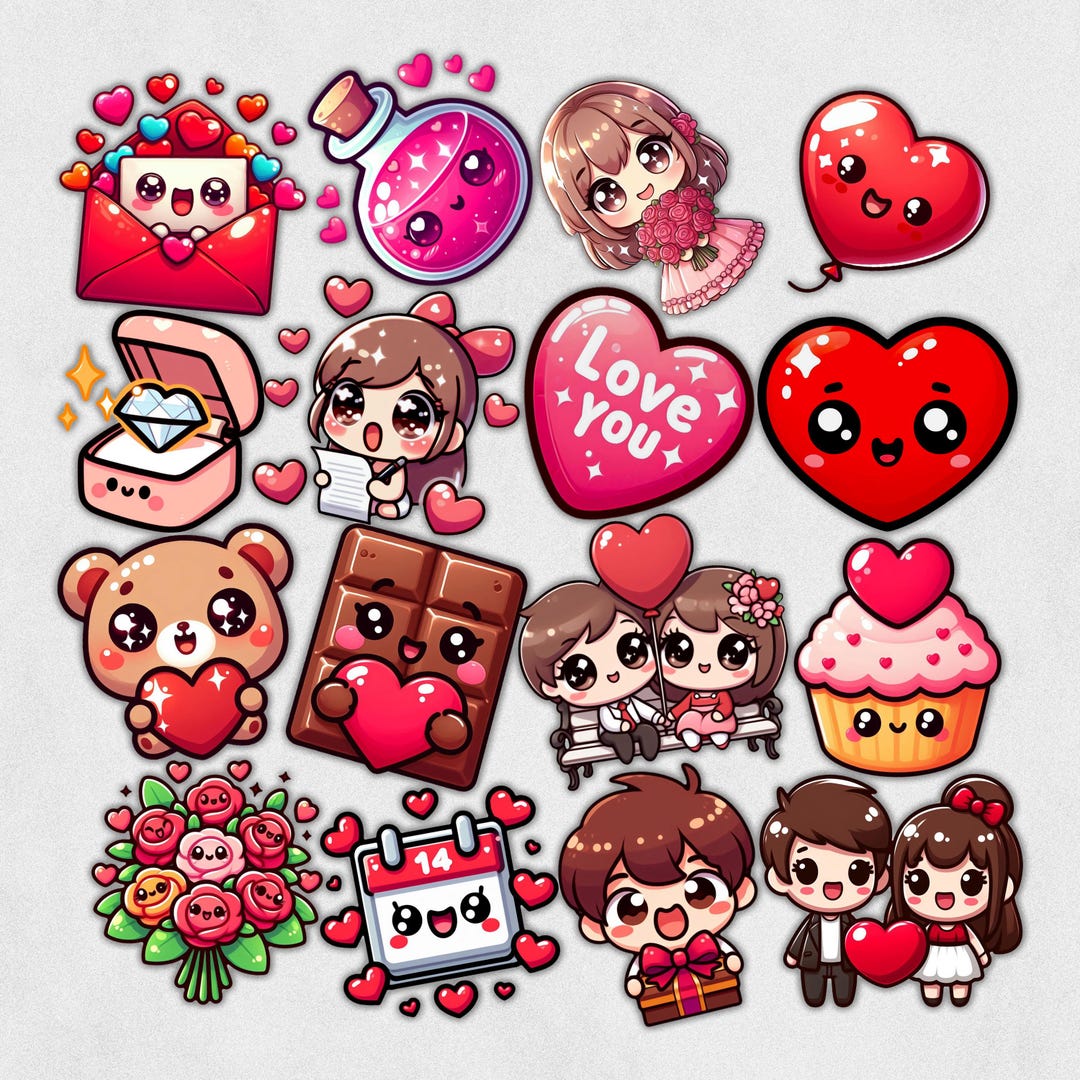 Valentine's Day Kawaii Clipart, Cute Love Stickers PNG SVG PDF, Hearts ...