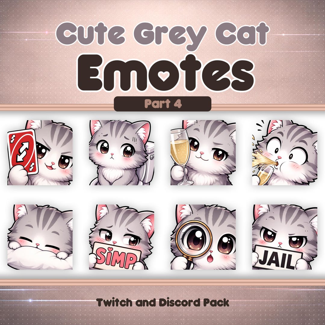 Cute Gray Cat Emotes Bundle Set 4, Kawaii Cat Twitch & Discord Emojis ...