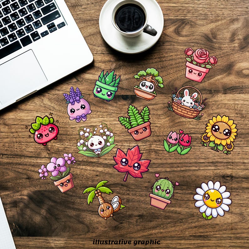 Kawaii Plants & Flowers Sticker Pack – 15 Cute PNG, SVG and PDF Clipart ...