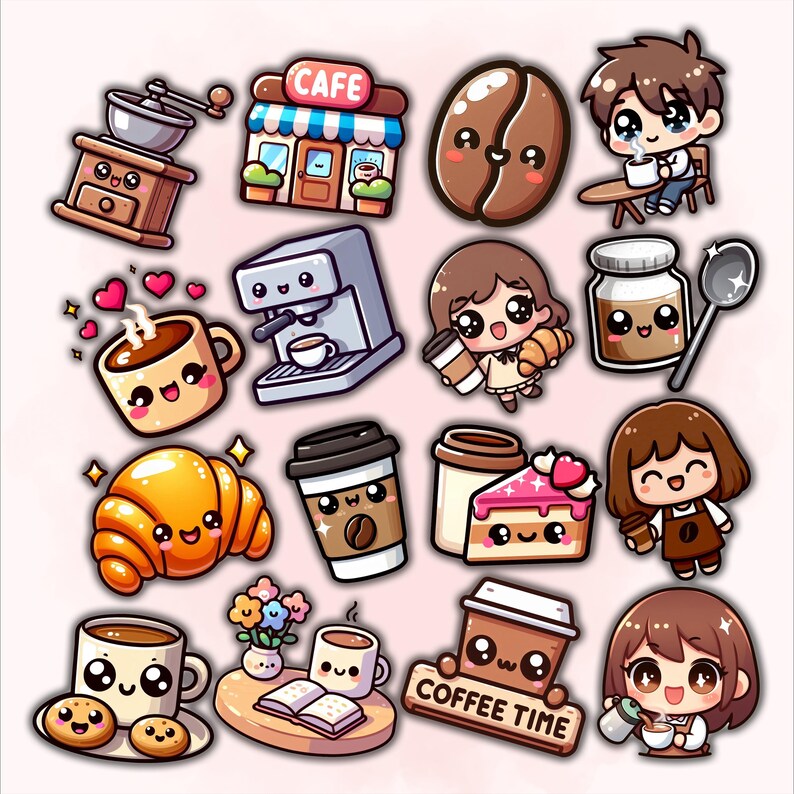 Cozy Coffee Time Kawaii Clipart Bundle - Café Stickers PNG SVG PDF ...