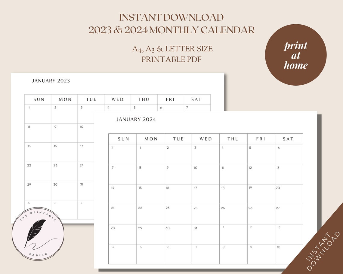 Printable 2023 & 2024 Calendar. 2024 Monthly Calendar Landscape. Yearly ...