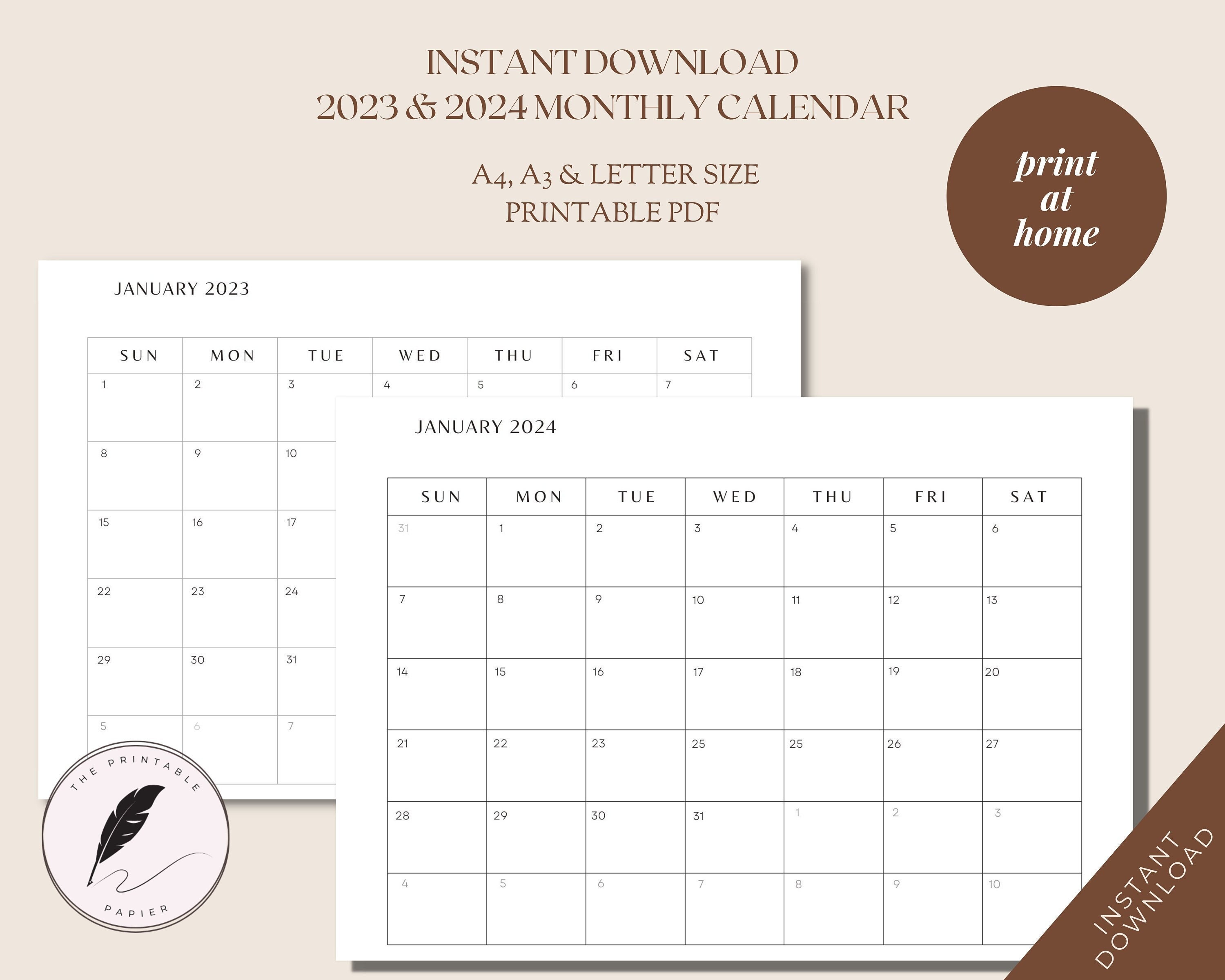 Printable 2023 & 2024 Calendar. 2024 Monthly Calendar - Etsy