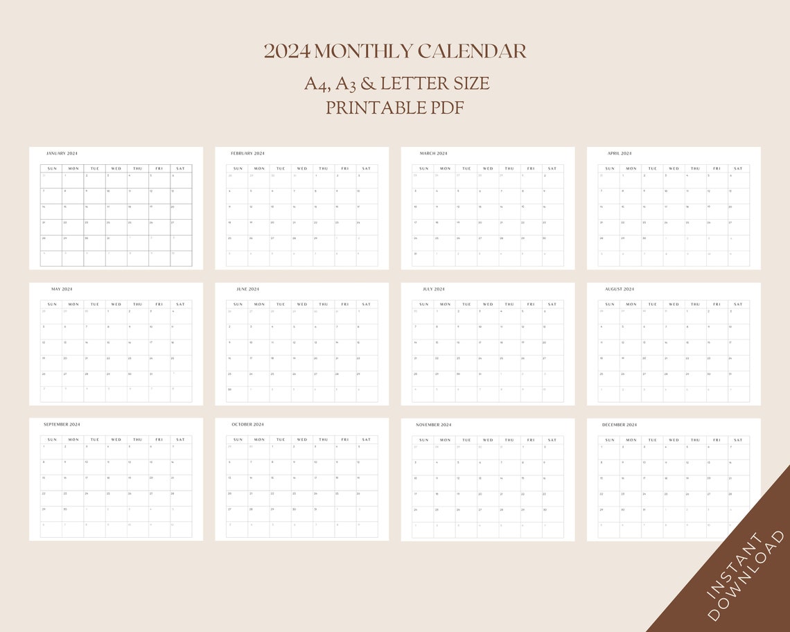 Printable 2023 & 2024 Calendar. 2024 Monthly Calendar Landscape. Yearly ...