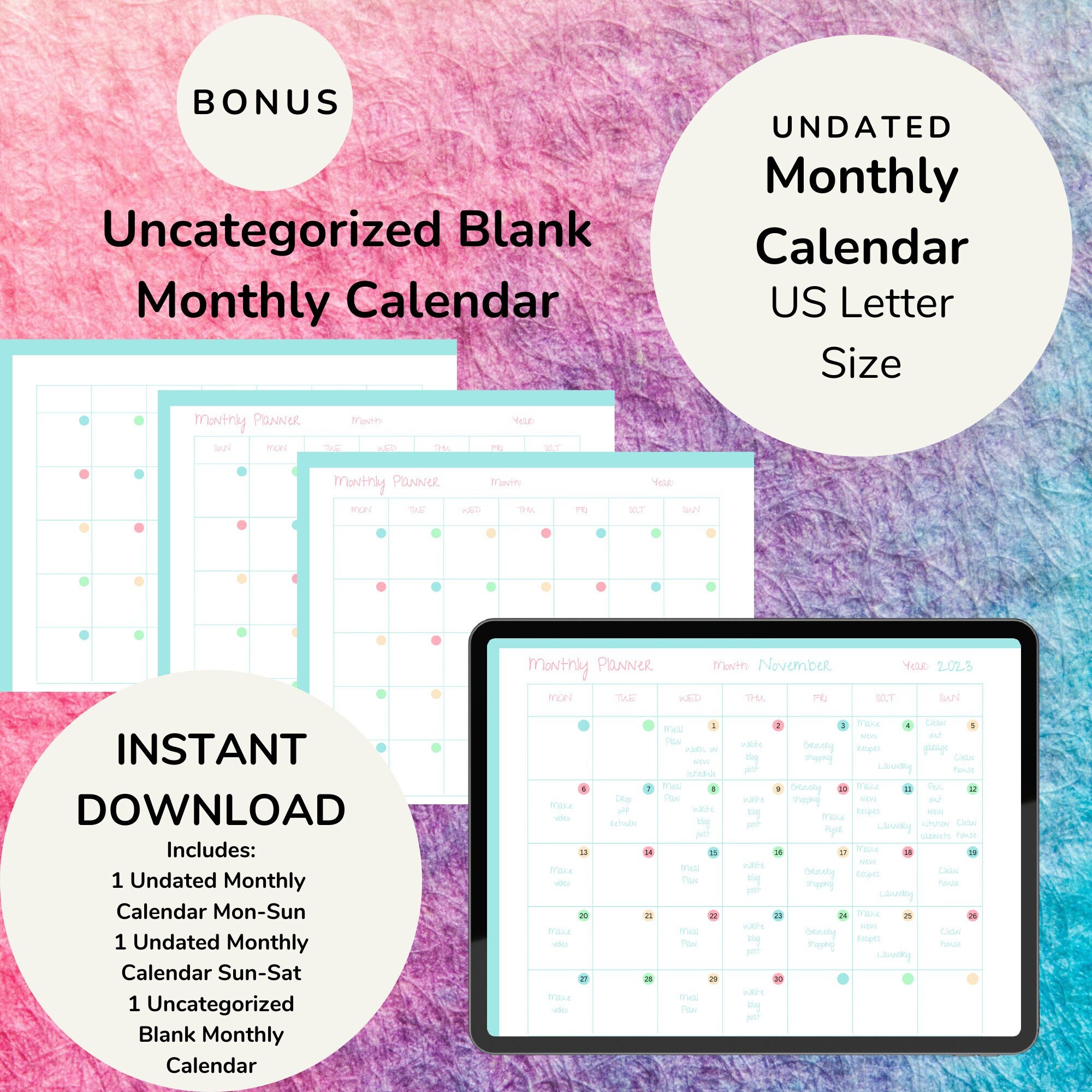 Cute Pastel Calendar Undated Monthly Calendar Printable Uncategorized ...