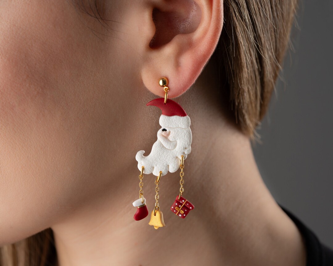 Santa Claus Moon Clay Earrings With Gift Wrap, Bells and Socks| Unique ...
