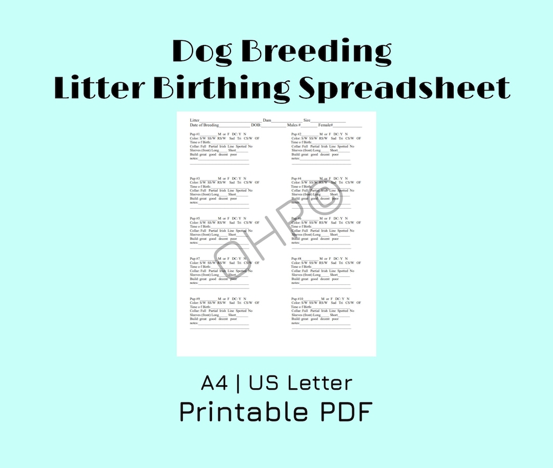 Dog Breeding | Litter Birthing Spreadsheet | Fill-in the Blanks ...