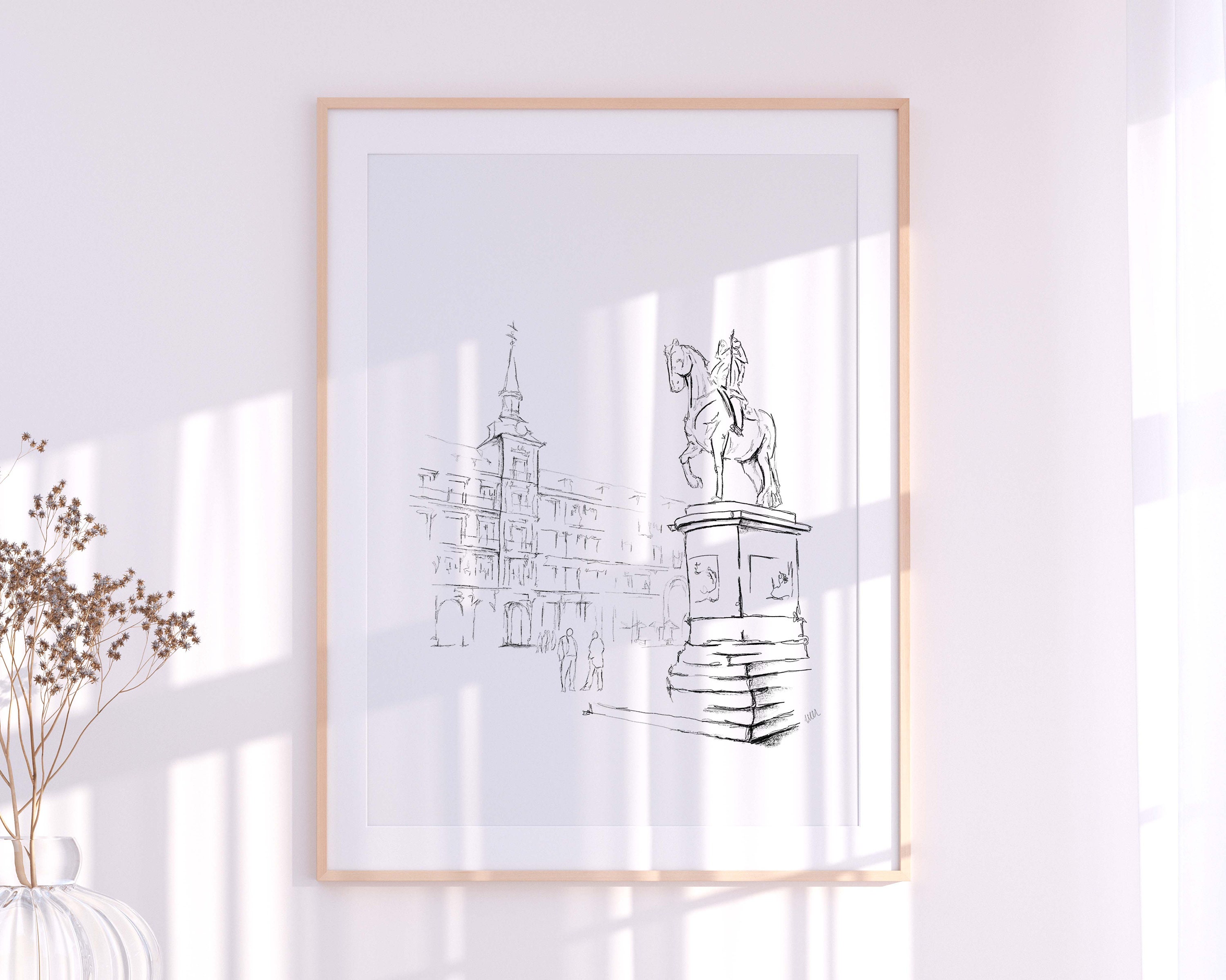 Plaza Mayor Madrid Printable Pencil Sketch, Madrid, Spain Architectural ...