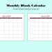 Monthly Blank Calendar Printable | 11 X 8.5 Inches | Digital PDF ...