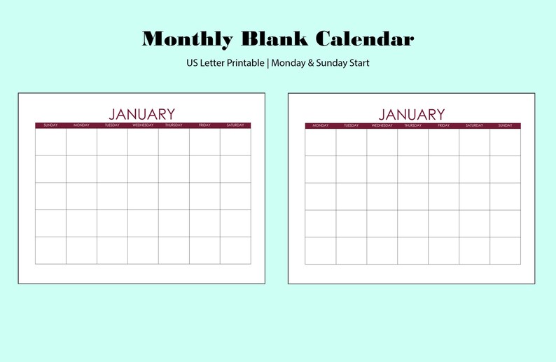 Monthly Blank Calendar Printable | 11 X 8.5 Inches | Digital PDF ...