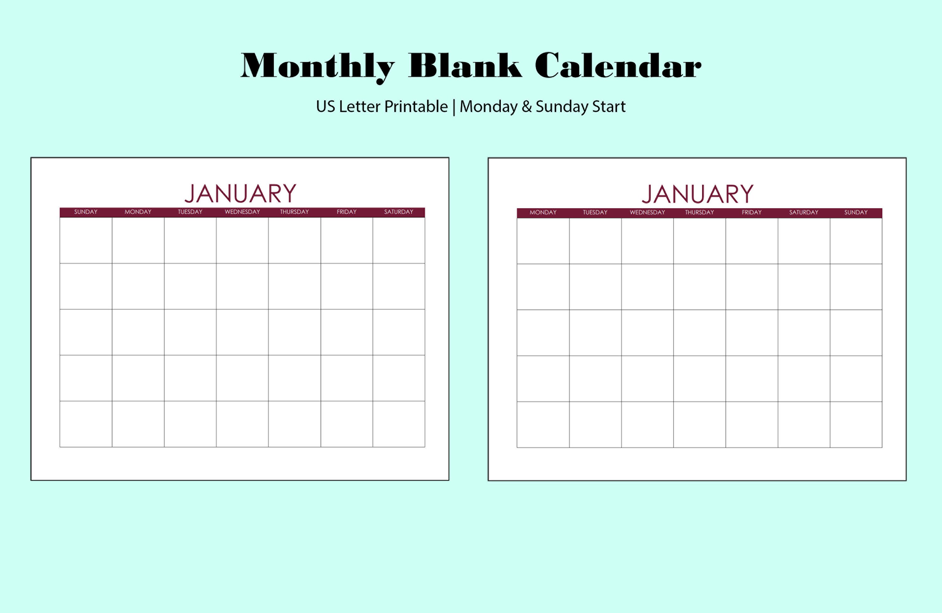 Monthly Blank Calendar Printable | 11 X 8.5 Inches | Digital PDF ...