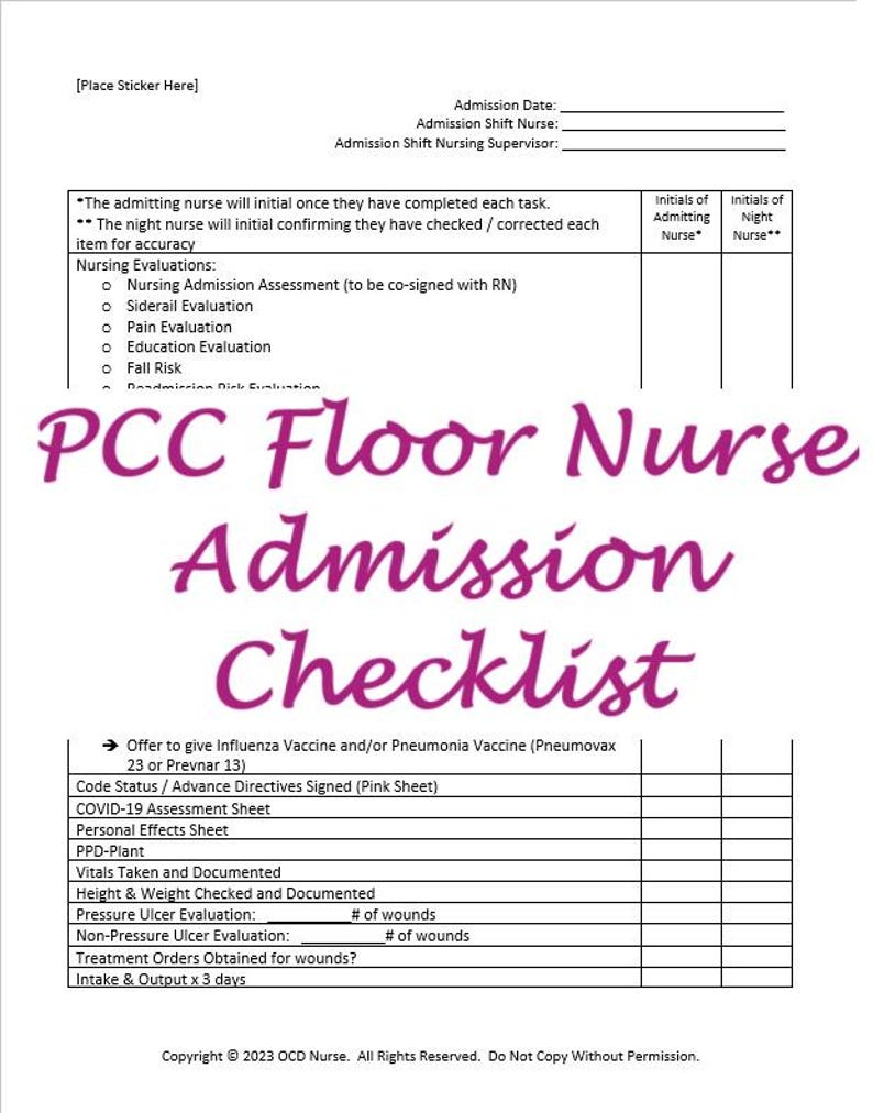 Floor Nurse Admission Checklist for PCC - Etsy