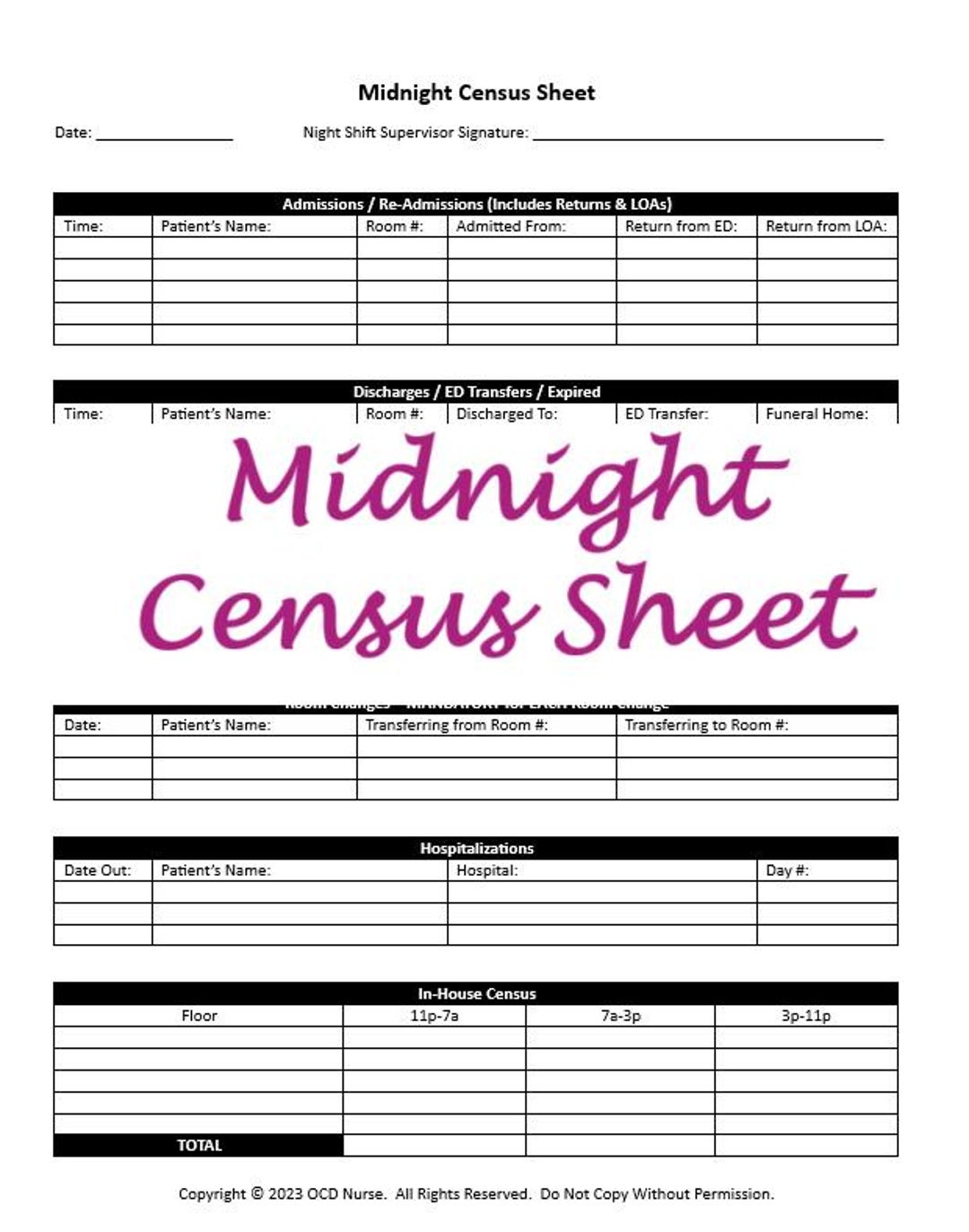 Midnight Census Sheet - Etsy