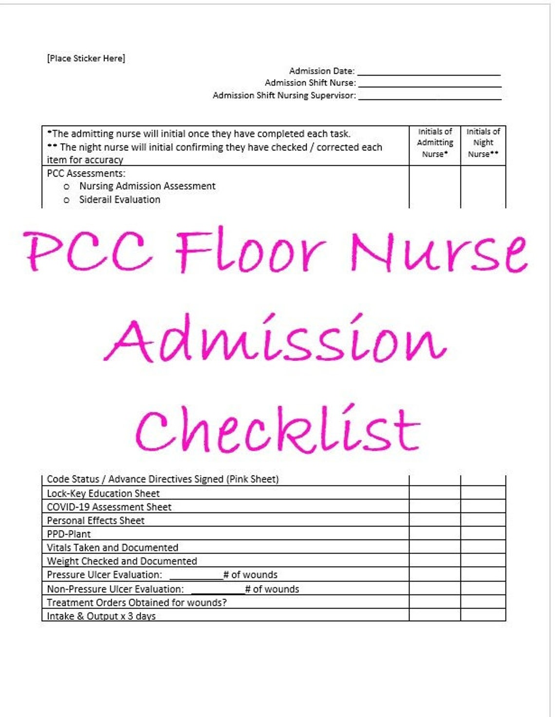 Floor Nurse Admission Checklist for PCC - Etsy