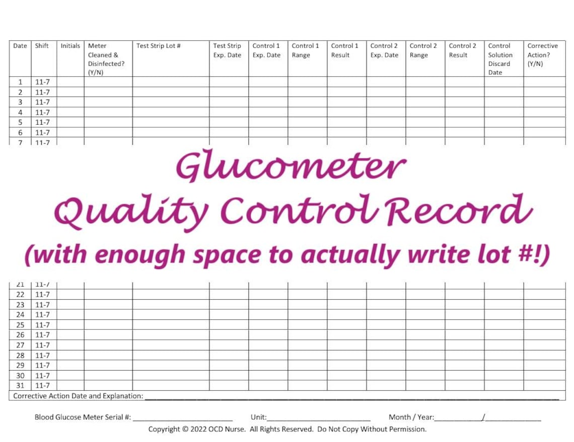 Glucometer Quality Control Record - Etsy