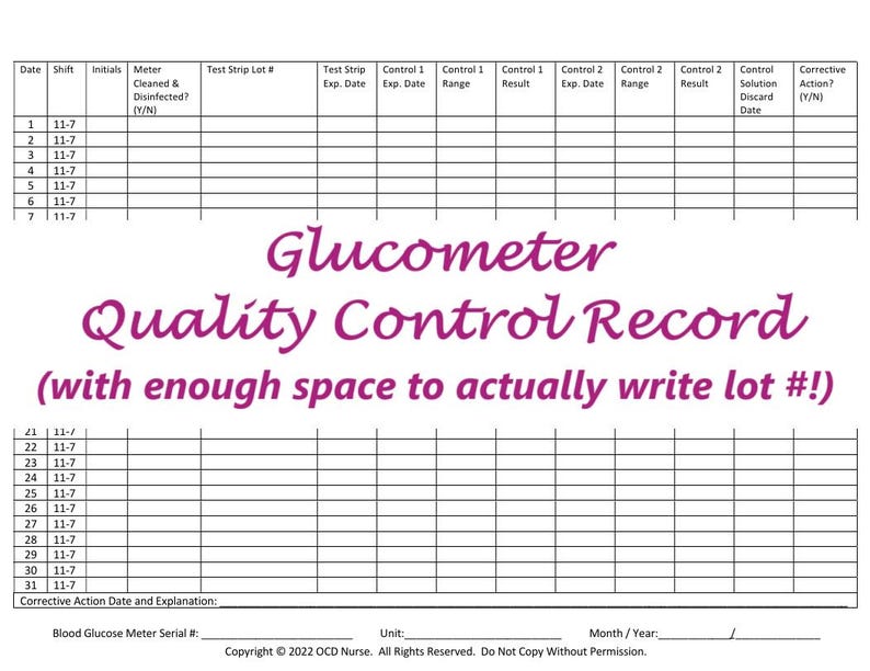 Glucometer Quality Control Record - Etsy