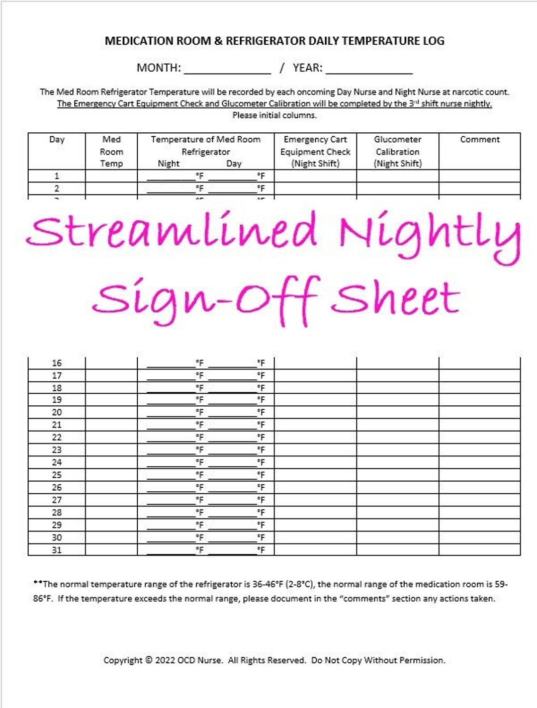 Nightly Sign off Sheet - Etsy