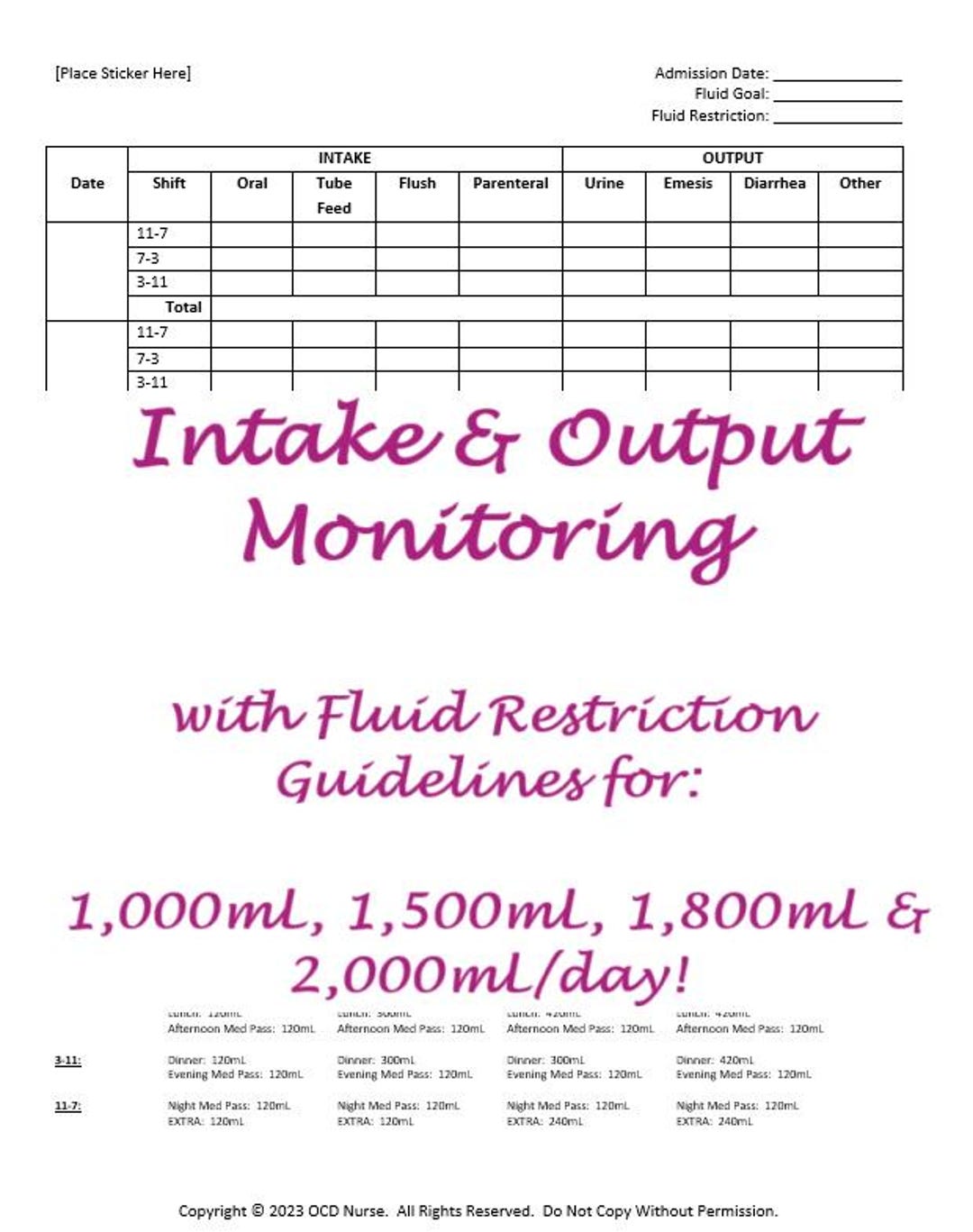 Intake and Output Tracking With Fluid Restriction Guidelines for Each ...