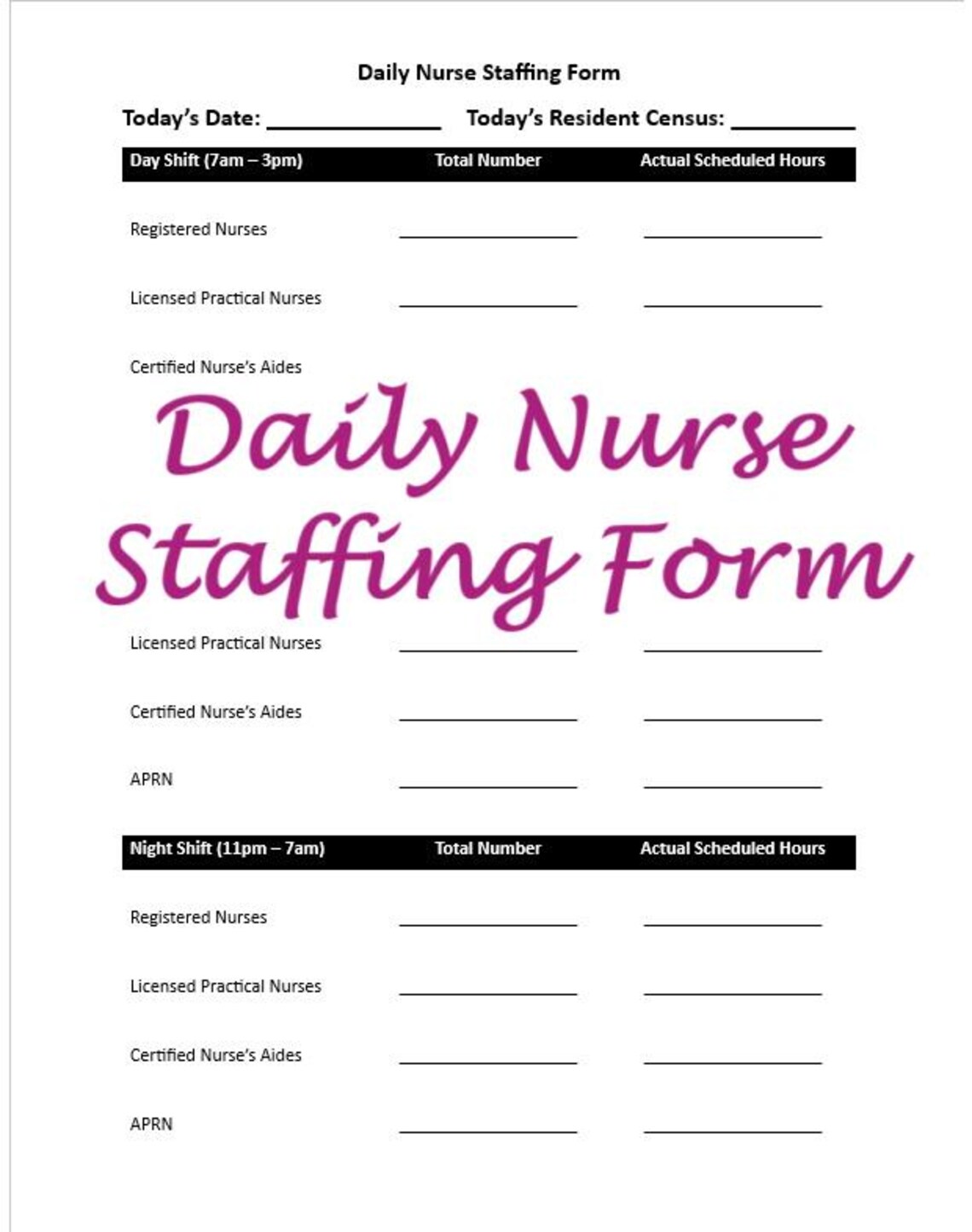 Daily Nurse Staffing Form - Etsy