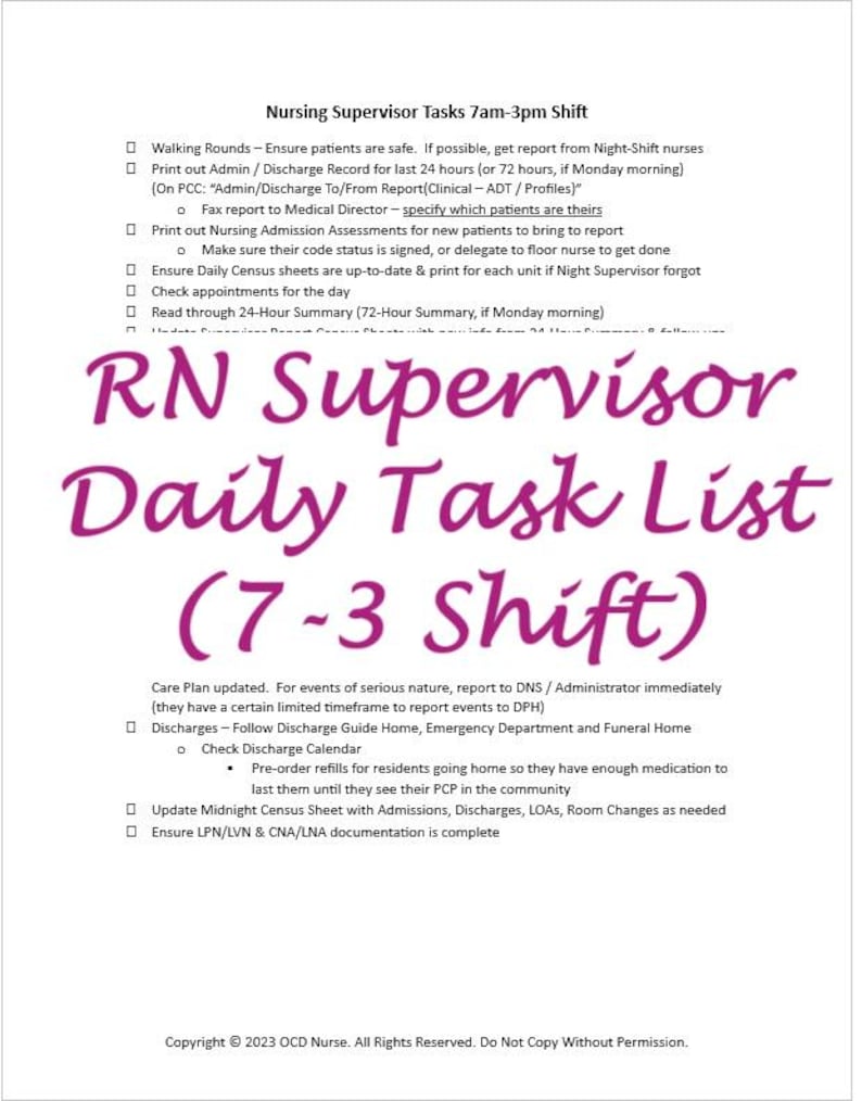 Nursing Supervisor Daily Tasks Checklist (7-3 Shift) - Etsy Nursing Supervisor Daily Tasks Checklist (7-3 Shift) - Etsy