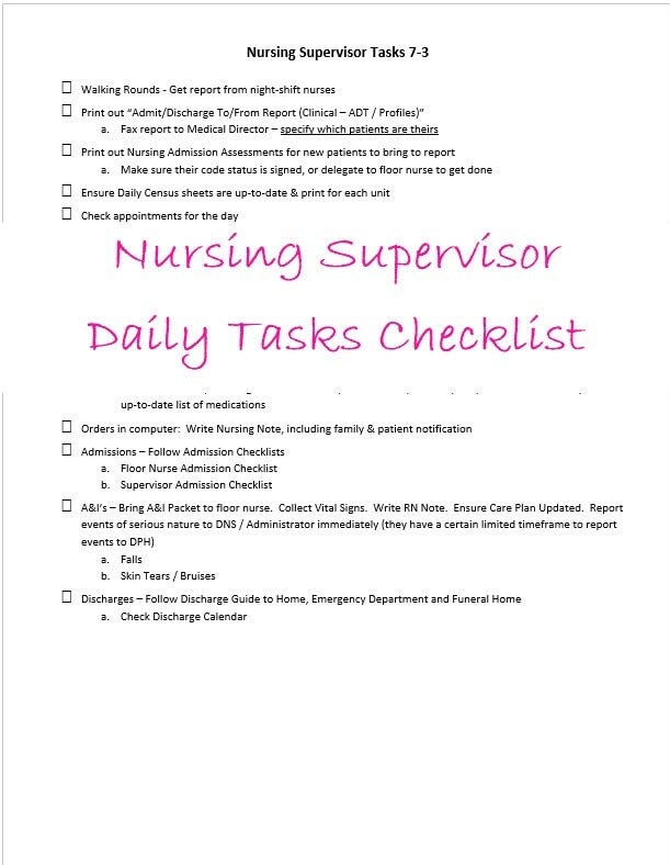 Nursing Supervisor Daily Tasks Checklist - Etsy Nursing Supervisor Daily Tasks Checklist - Etsy