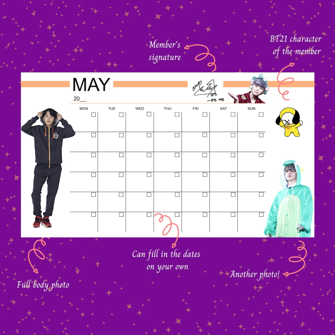Printable BTS Blank Calendar | Landscape A4 (monday - Start) - Etsy