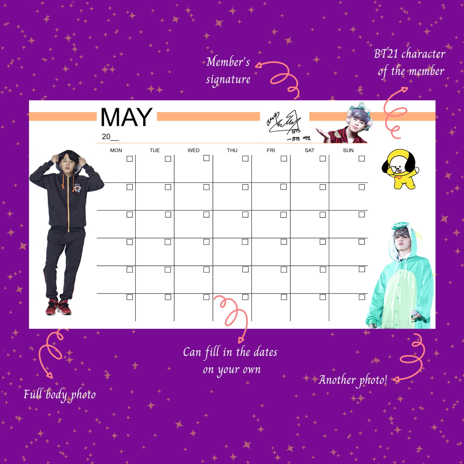 Printable BTS Blank Calendar | Landscape A4 (monday - Start) - Etsy